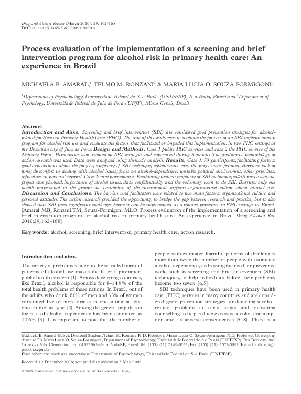 (PDF) Process evaluation of the implementation of a screening and brief ...