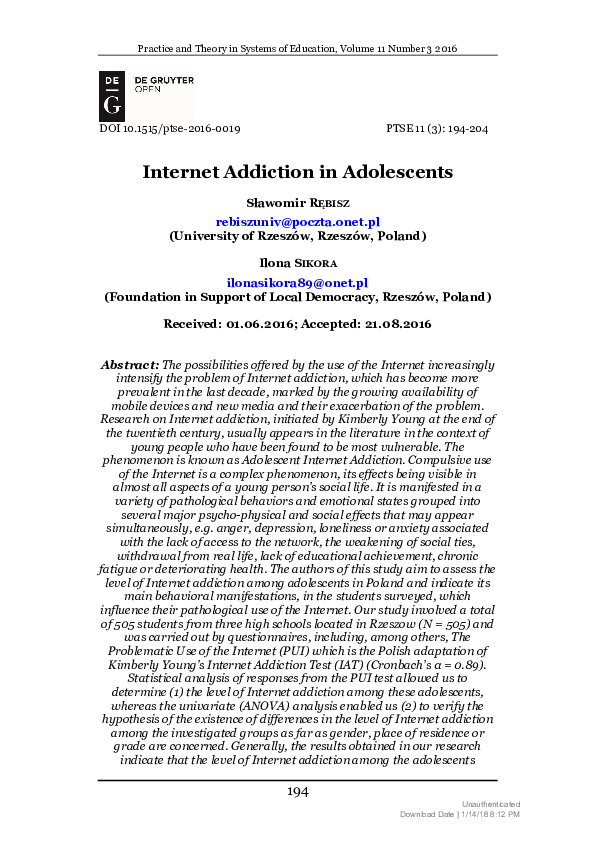 (PDF) Internet Addiction in Adolescents