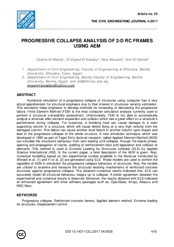 (PDF) PROGRESSIVE COLLAPSE ANALYSIS OF 2-D R.C. FRAMES USING AEM