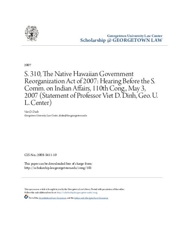 (PDF) S. 310, The Native Hawaiian Government Reorganization Act of 2007 ...