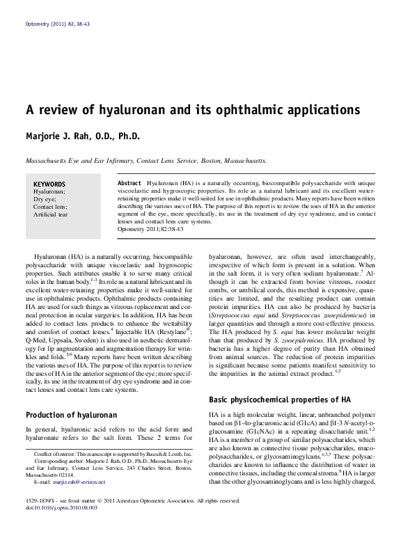 (PDF) A review of hyaluronan and its ophthalmic applications