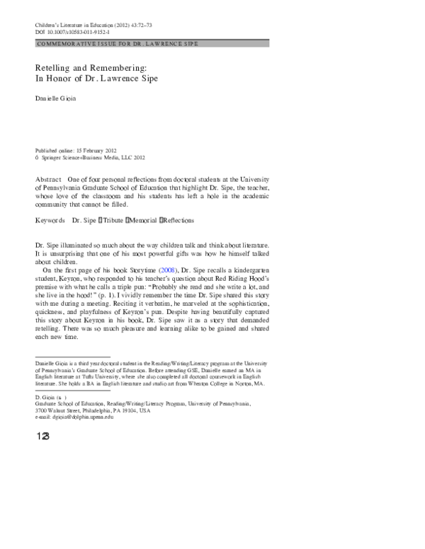 (PDF) Retelling and Remembering: In Honor of Dr. Lawrence Sipe.