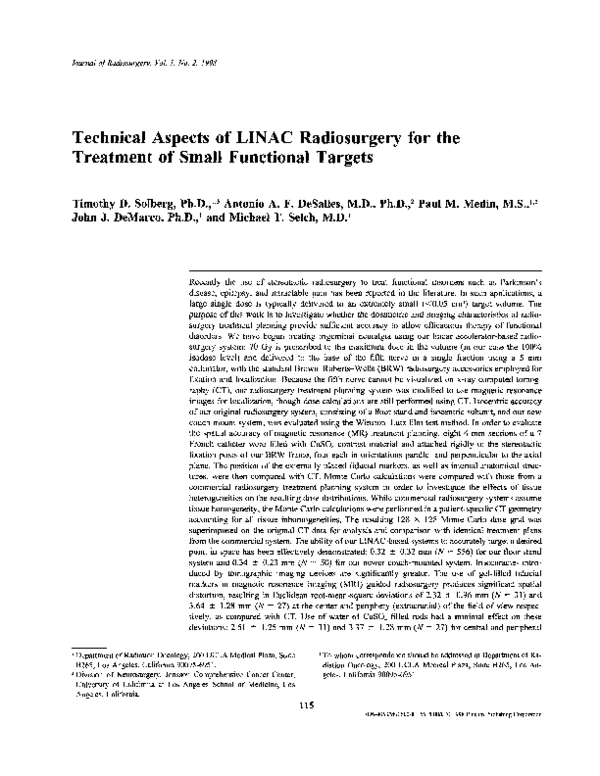(PDF) Technical Aspects of LINAC Radiosurgery for the Treatment of Small Functional Targets