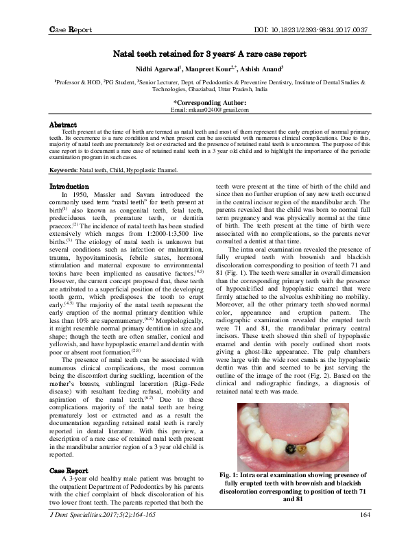(PDF) Natal teeth retained for 3 years: A rare case report | IP ...