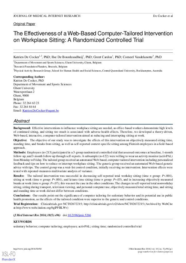 Pdf The Effectiveness Of A Web Based Computer Tailored Intervention On Workplace Sitting A