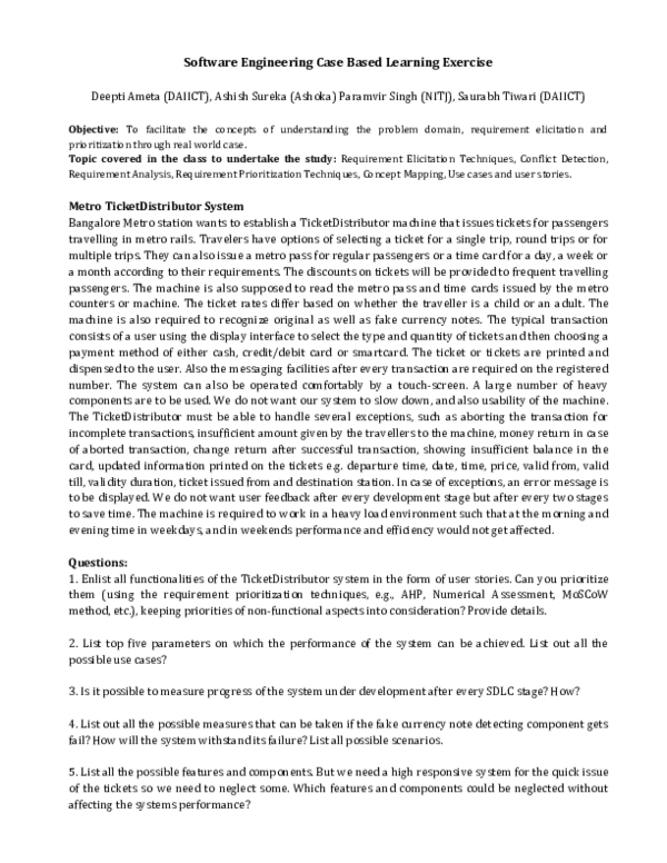 (PDF) Software Engineering Case Based Learning Exercise (Metro_case)