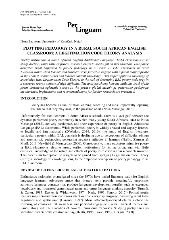 (PDF) PLOTTING PEDAGOGY IN A RURAL SOUTH AFRICAN ENGLISH CLASSROOM: A ...