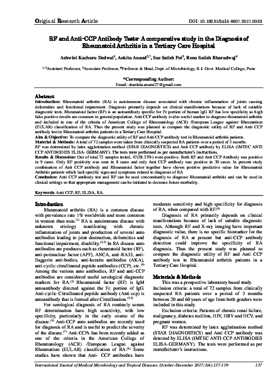 (PDF) RF and Anti-CCP Antibody Tests- A comparative study in the ...