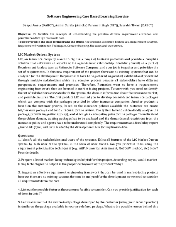 (PDF) Software Engineering Case Based Learning Exercise (LIC_case)