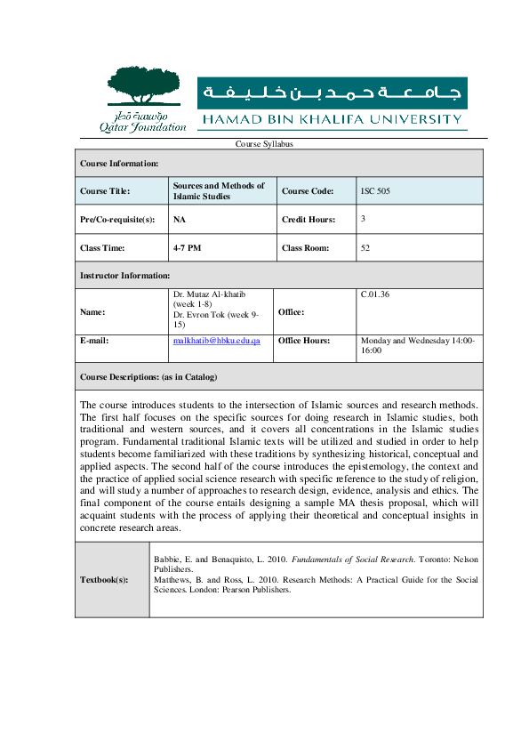 (DOC) Course Syllabus: Sources and Methods of Islamic Studies