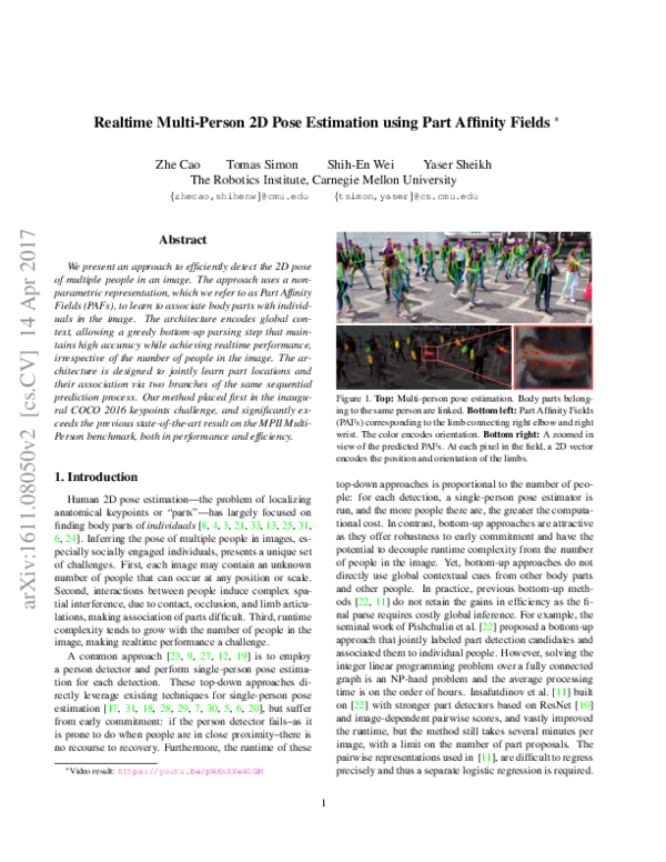 Pdf Realtime Multi Person 2d Pose Estimation Using Part Affinity Fields