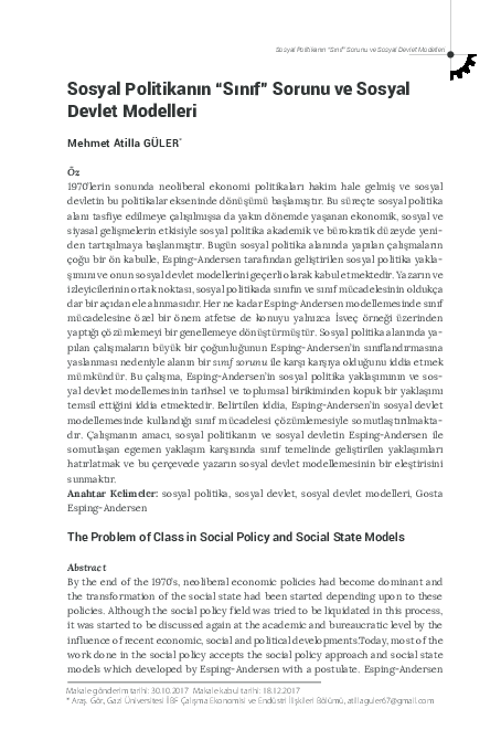 (PDF) Sosyal Politikanın " Sınıf " Sorunu ve Sosyal Devlet Modelleri