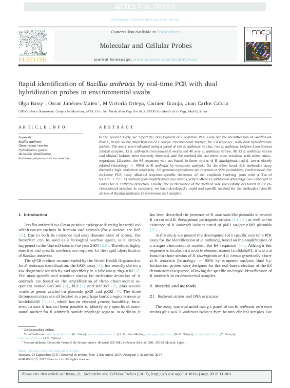 (PDF) Rapid identification of Bacillus anthracis by real-time PCR with ...