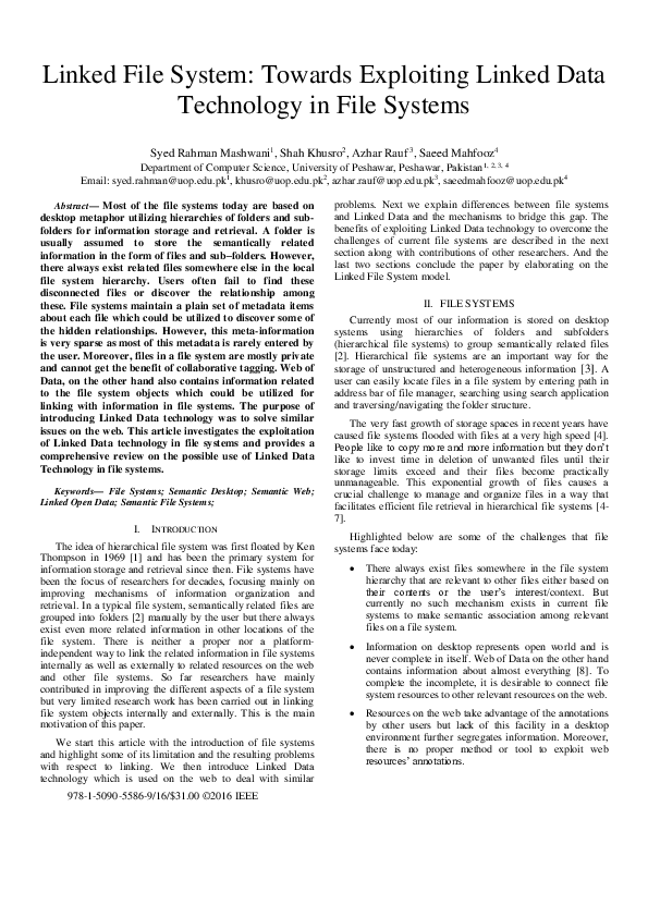 (PDF) Linked File System: Towards Exploiting Linked Data Technology in File Systems