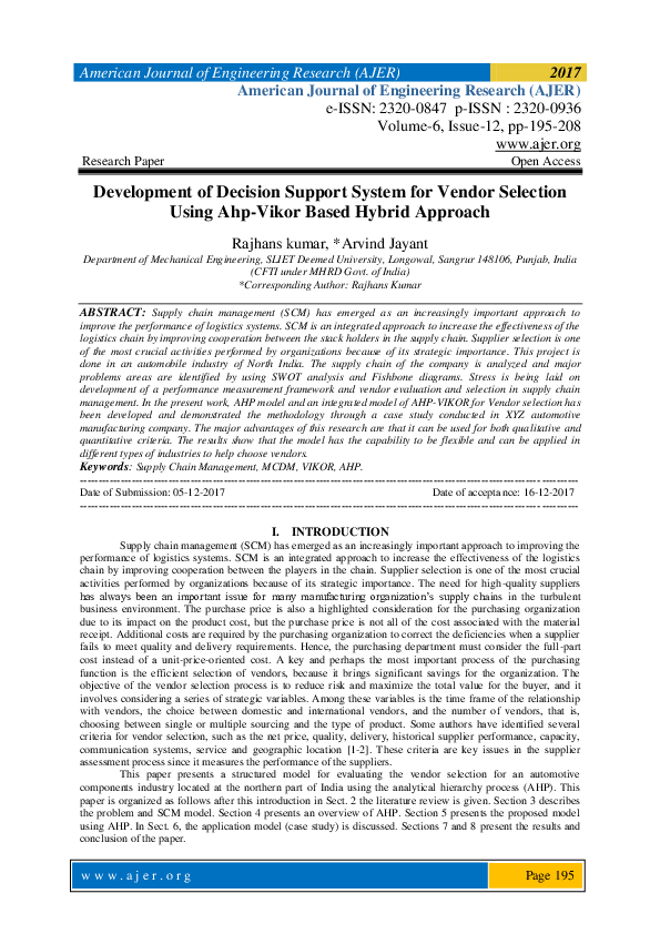 Pdf Development Of Decision Support System For Vendor Selection Using Ahp Vikor Based Hybrid