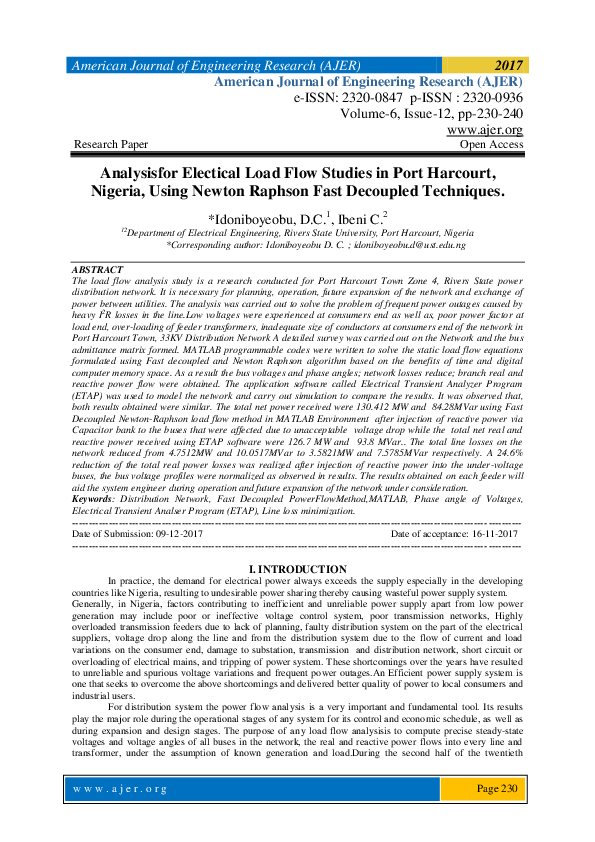 (PDF) Analysisfor Electical Load Flow Studies in Port Harcourt, Nigeria, Using Newton Raphson ...