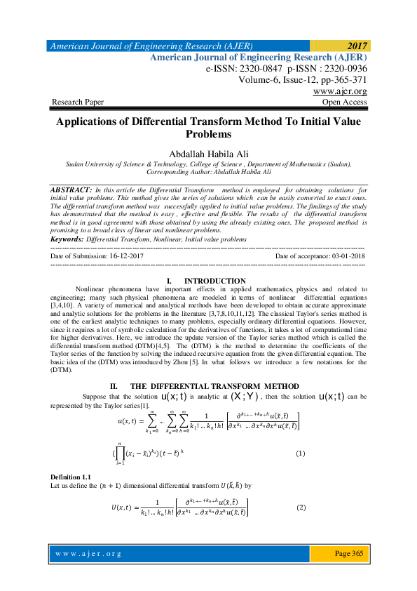 Pdf Applications Of Differential Transform Method To Initial Value Problems