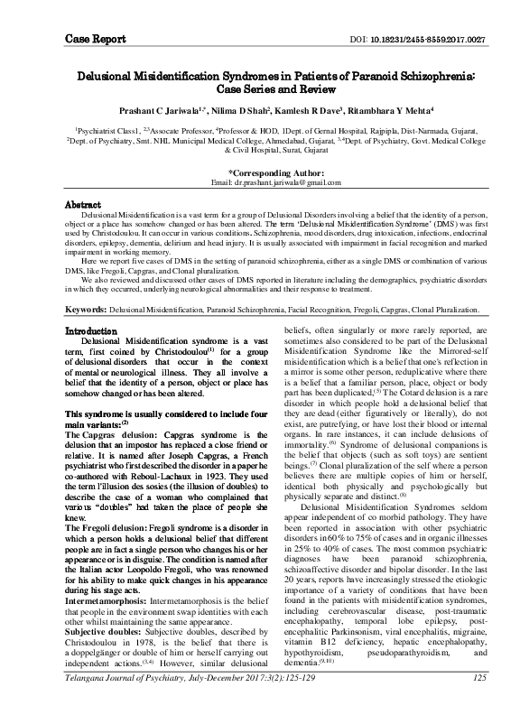 (PDF) Delusional Misidentification Syndromes in Patients of Paranoid ...