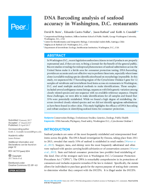 (PDF) DNA Barcoding analysis of seafood accuracy in Washington, D.C ...
