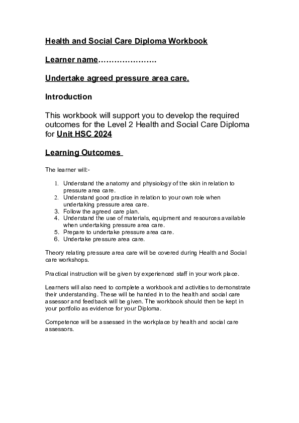 (DOC) Health and Social Care Diploma Workbook Learner name ...