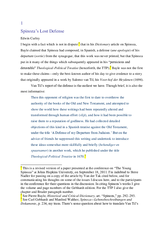 (PDF) Spinoza’s Lost Defense