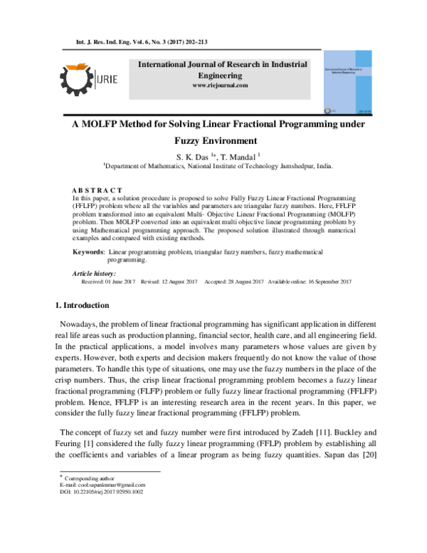 Pdf A Molfp Method For Solving Linear Fractional Programming Under