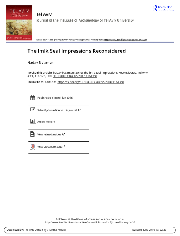 (PDF) The lmlk Seal Impressions Reconsidered - Tel Aviv 43 (2016), 111-125
