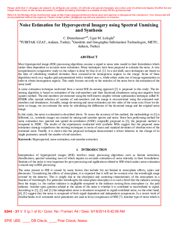 (PDF) Noise estimation for hyperspectral imagery using spectral unmixing and synthesis