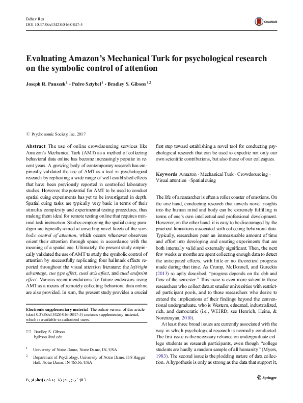 (PDF) Evaluating Amazon's Mechanical Turk for psychological research on ...