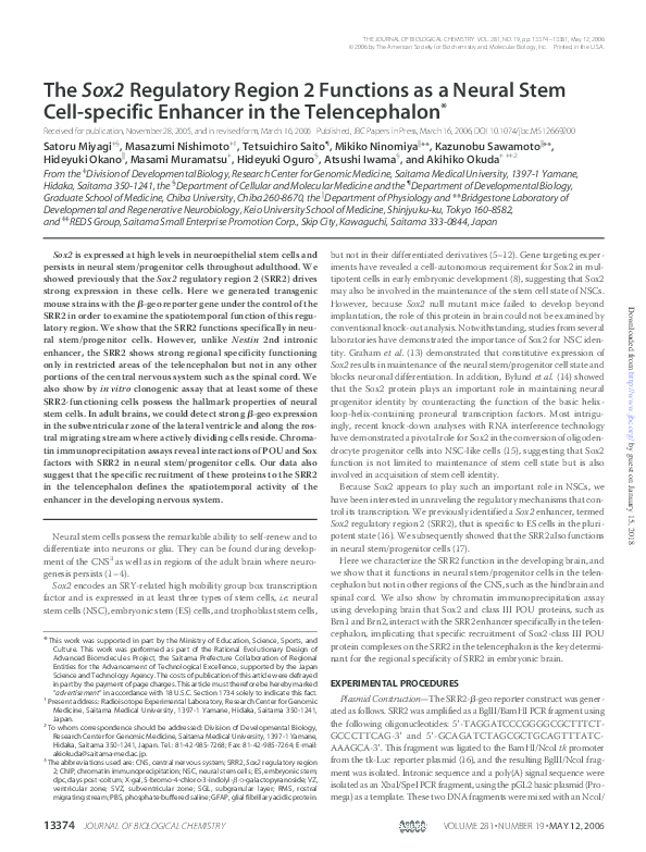 (PDF) The Sox2 Regulatory Region 2 Functions as a Neural Stem Cell-specific Enhancer in the ...