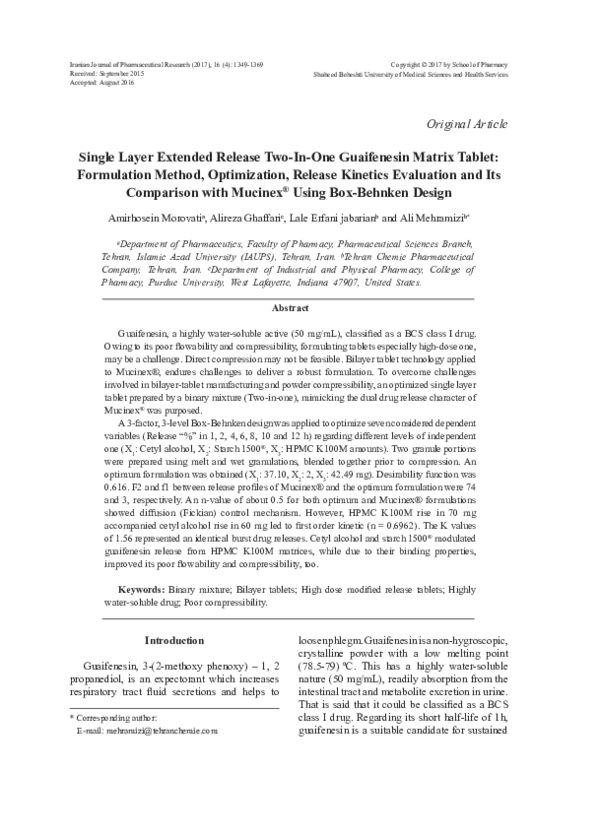 Pdf Single Layer Extended Release Two In One Guaifenesin Matrix Tablet Formulation Method