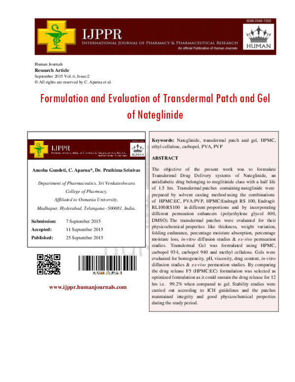 (PDF) Formulation and Evaluation of Transdermal Patch and Gel of ...