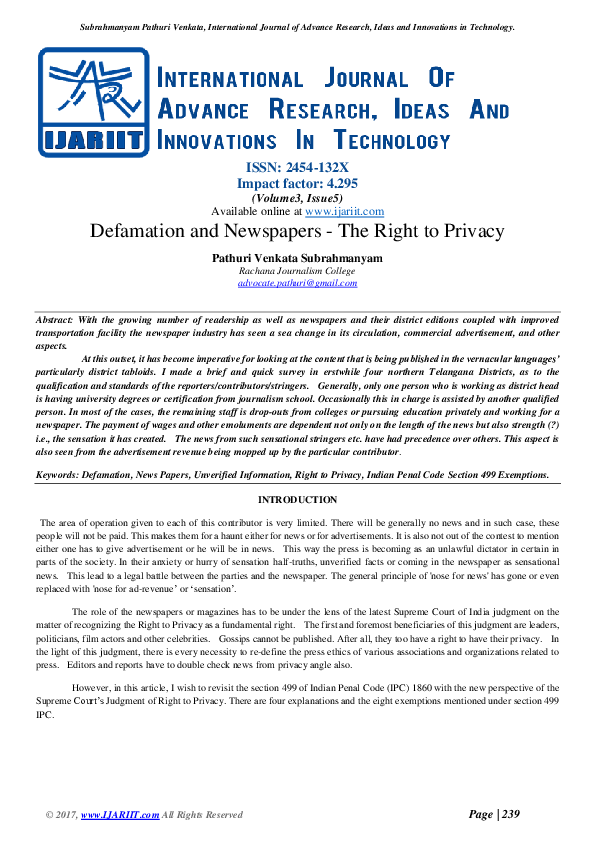 (PDF) Defamation and Newspapers -The Right to Privacy