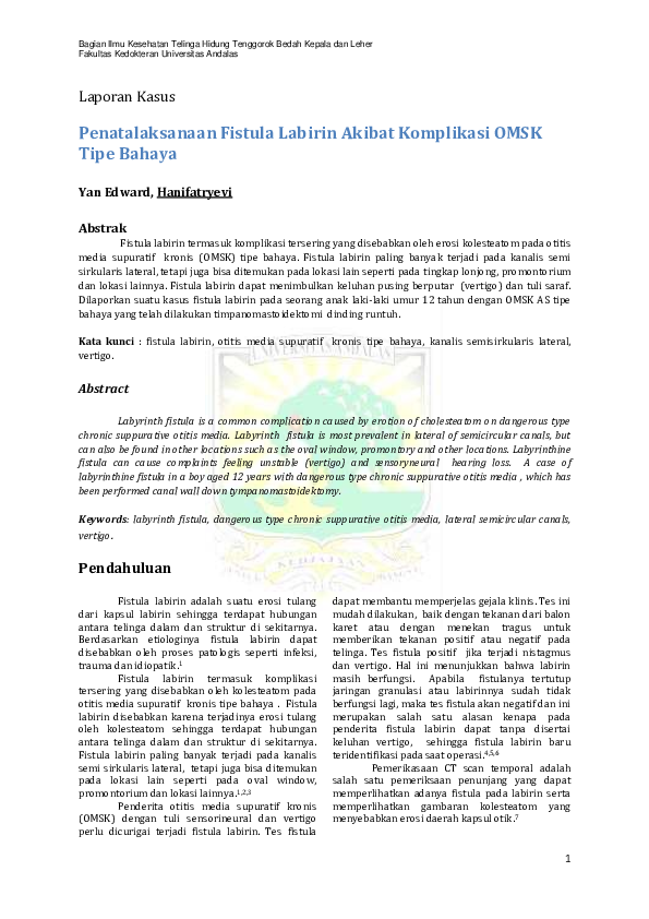 (PDF) Penatalaksanaan Fistula Labirin Akibat Komplikasi OMSK Tipe Bahaya