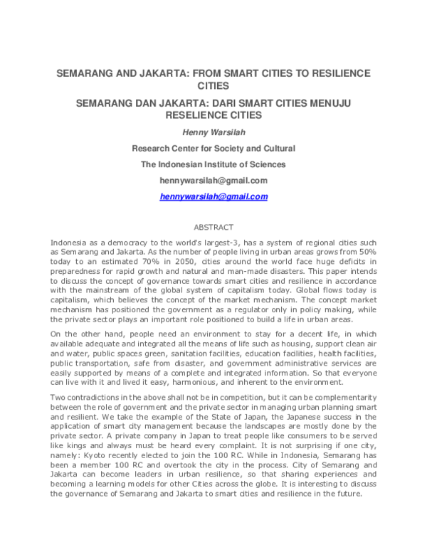 (DOC) SEMARANG AND JAKARTA: FROM SMART CITIES TO RESILIENCE CITIES ...