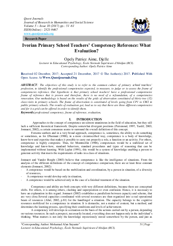 (PDF) Ivorian Primary School Teachers' Competency Reference: What ...