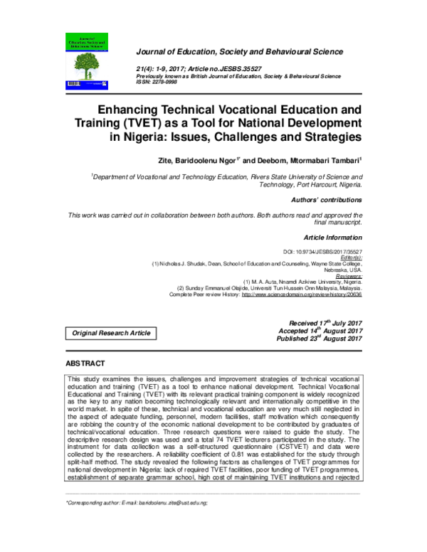 (PDF) Enhancing Technical Vocational Education and Training (TVET) as a Tool for National ...