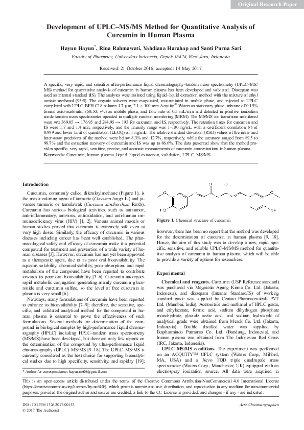 (PDF) Development of UPLC–MS/MS Method for Quantitative Analysis of Curcumin in Human Plasma