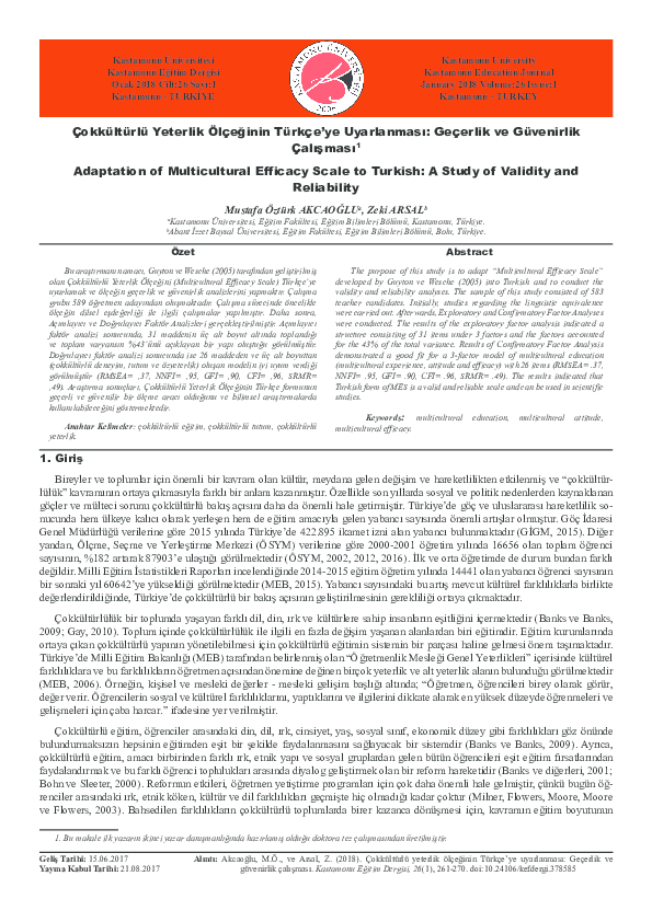 (PDF) Adaptation of Multicultural Efficacy Scale to Turkish: A Study of ...