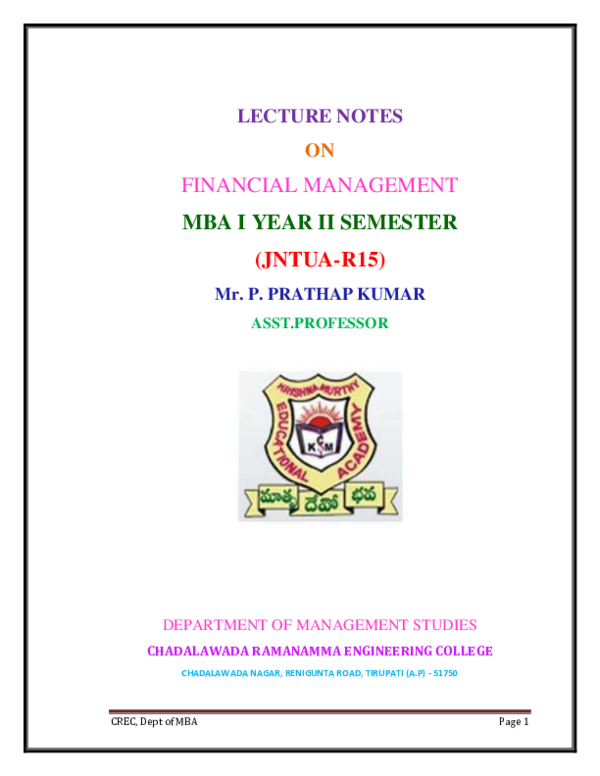 (PDF) LECTURE NOTES ON FINANCIAL MANAGEMENT MBA I YEAR II SEMESTER ...