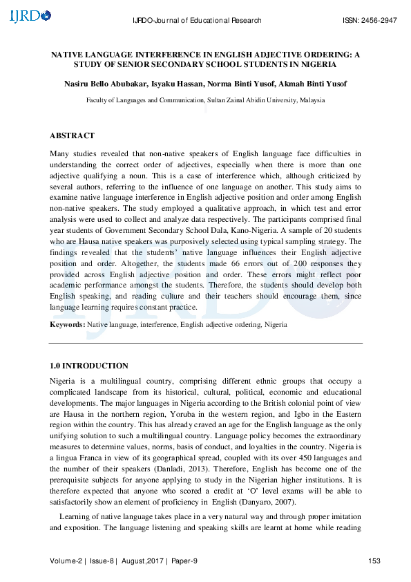 (PDF) Native Language Interference in English Adjective Ordering: A Study of Senior Secondary ...