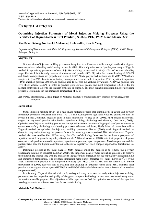 Pdf Optimizing Injection Parameter Of Metal Injection Molding Processes Using The Feedstock Of