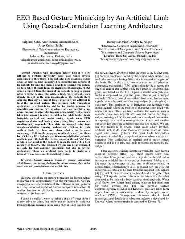 (PDF) EEG Based Gesture Mimicking by An Artificial Limb Using Cascade-Correlation Learning ...