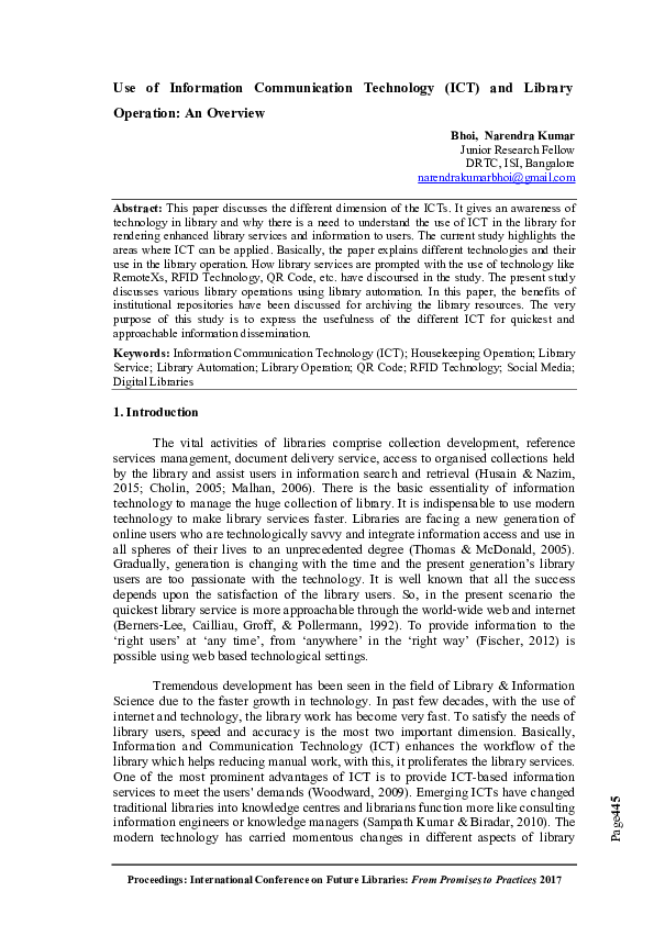 (PDF) Use of Information Communication Technology (ICT) and Library ...
