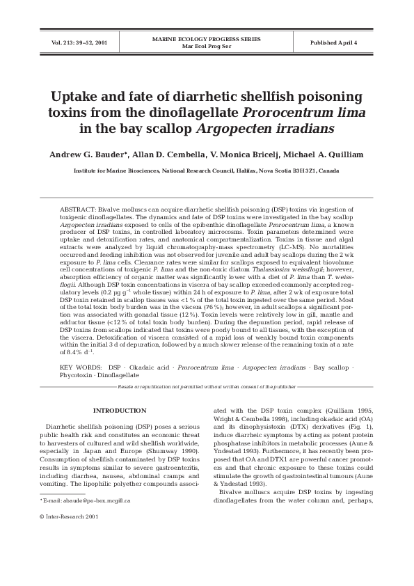 (PDF) Uptake and fate of diarrhetic shellfish poisoning toxins from the ...