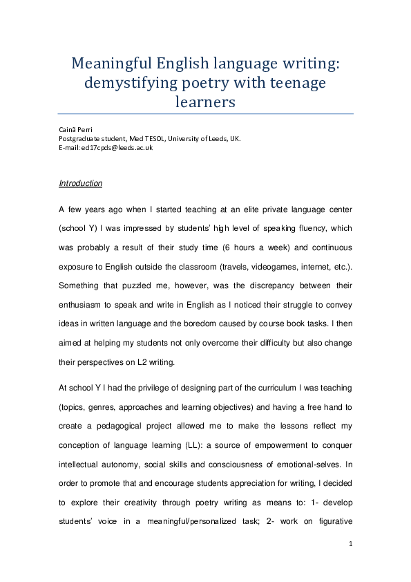 (DOC) Meaningful English language writing: demystifying poetry with ...