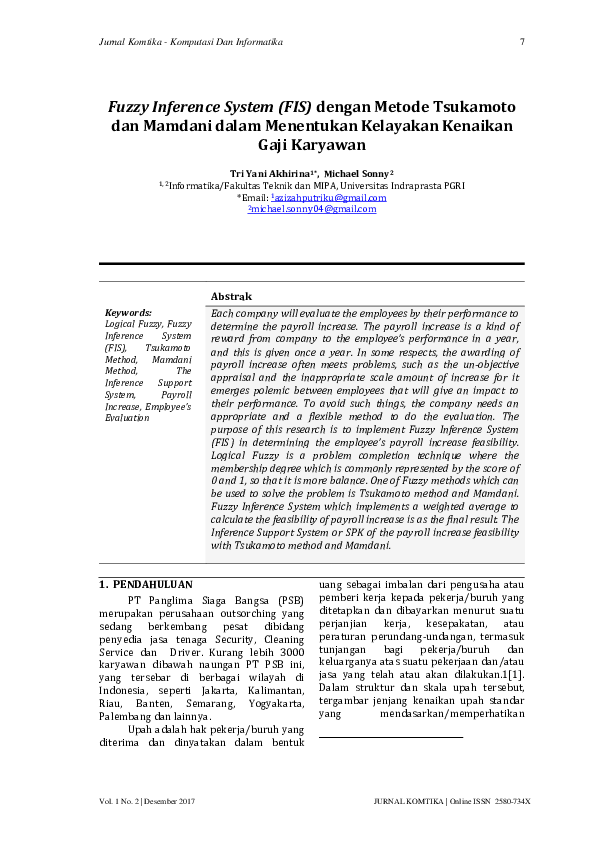 (PDF) Fuzzy Inference System (FIS) dengan Metode Tsukamoto dan Mamdani dalam Menentukan ...