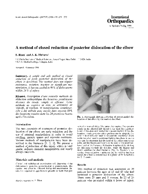 (PDF) A method of closed reduction of posterior dislocation of the elbow