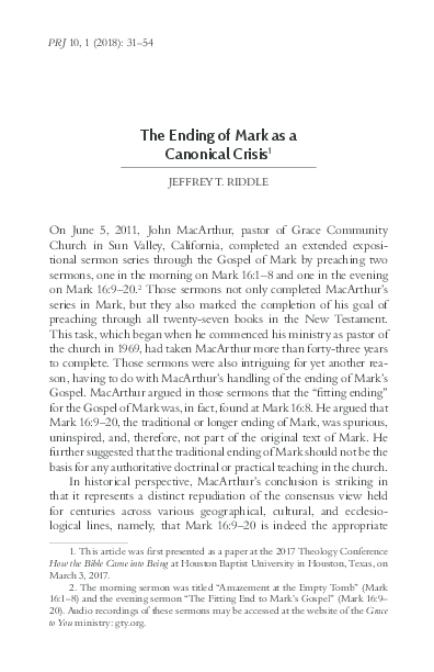 (PDF) The Ending of Mark as a Canonical Crisis, Puritan Reformed ...