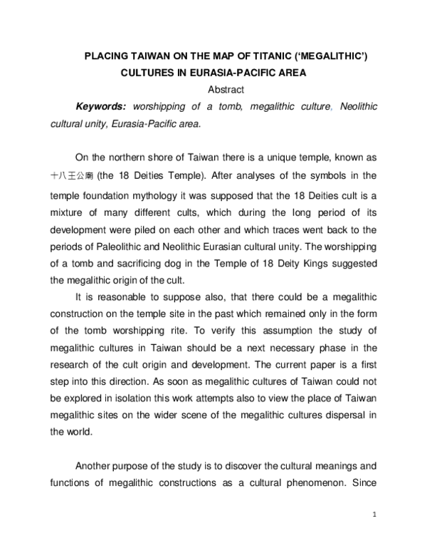 (DOC) PLACING TAIWAN ON THE MAP OF TITANIC ('MEGALITHIC') CULTURES IN ...